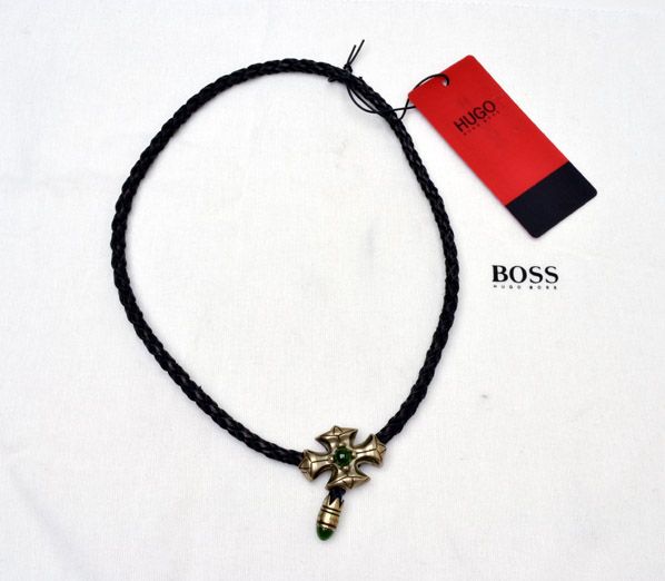 $395 NEW HUGO BOSS Mens Designer 925 Silver Black Leather Logo Necklace ...